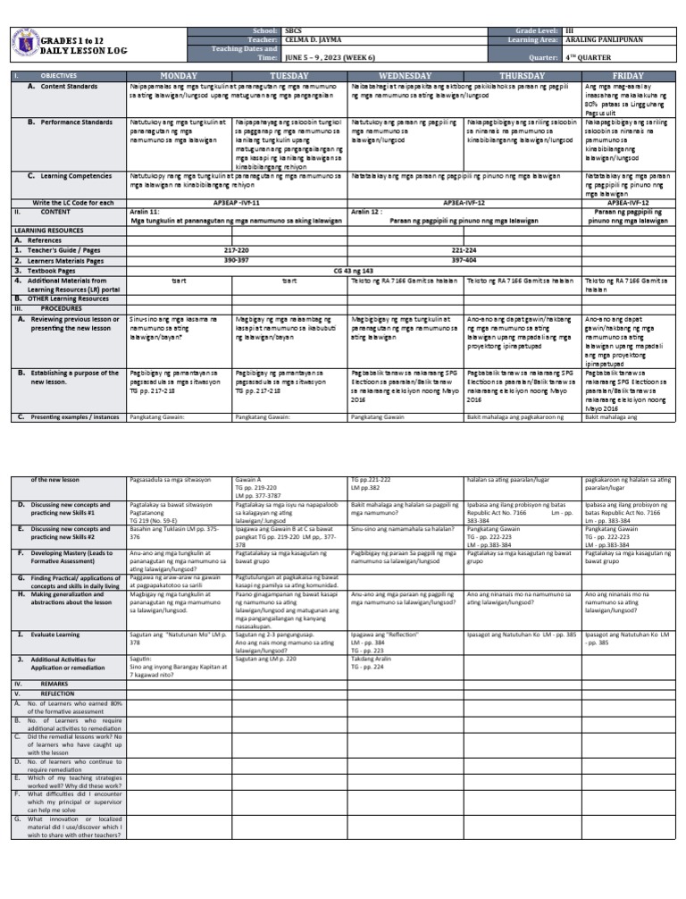 DLL - Araling Panlipunan 3 - Q4 - W6 | PDF