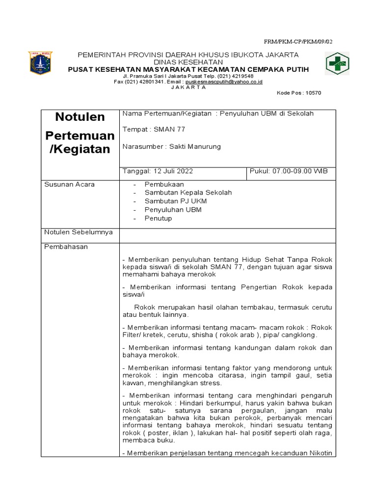 Notulen Kegiatan Penyuluhan SMAN 77 | PDF