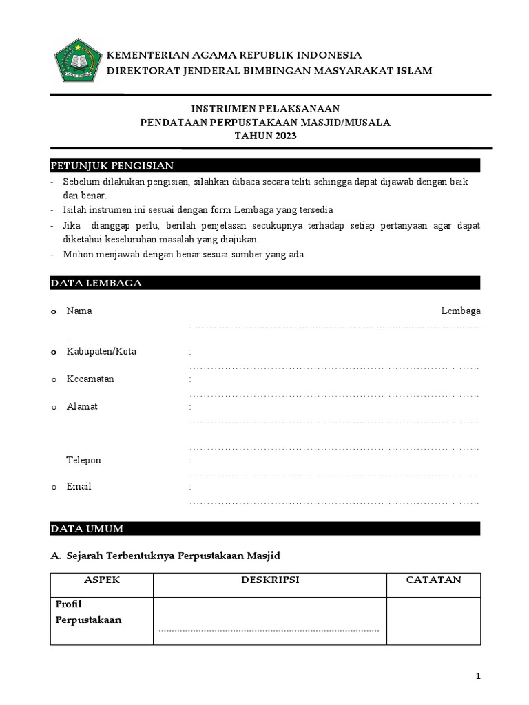 INSTRUMEN PENDATAAN PERPUSTAKAAN MASJID-MUSALA 2023 | PDF