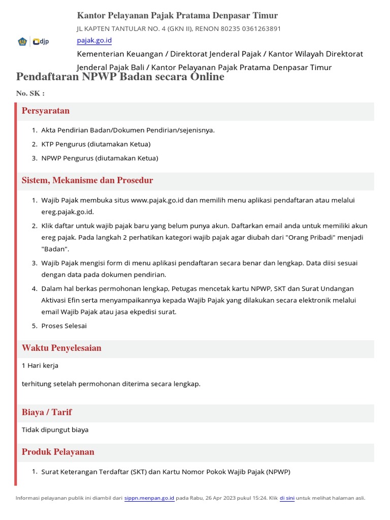 Unduh Standar Pelayanan - Pendaftaran NPWP Badan Secara Online | PDF | Bisnis | Hukum