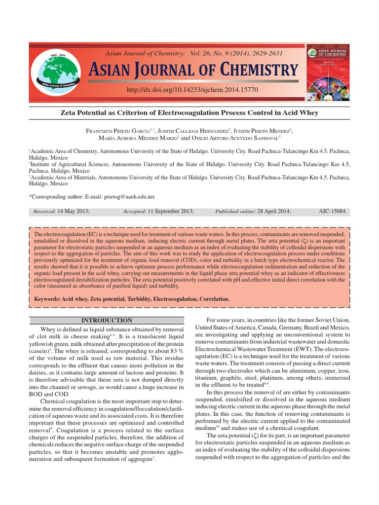 Zeta Potential As Criterion of Electrocoagulation Process Control in ...