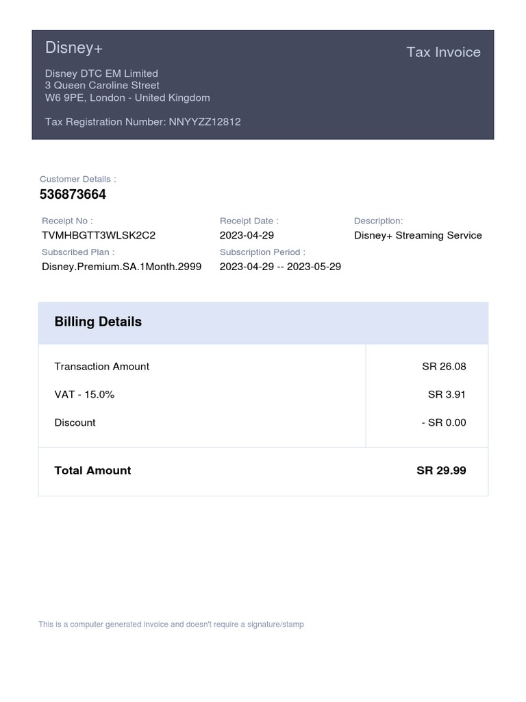 Disney+: Tax Invoice | PDF | Invoice | Business