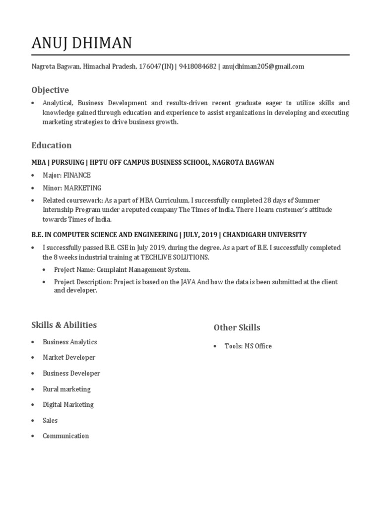 Anuj Dhiman: Objective | PDF | Master Of Business Administration | Marketing