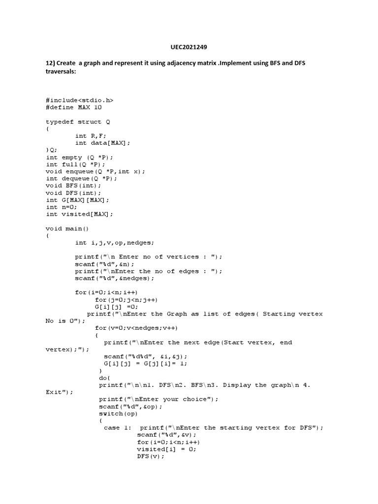 12 Create A Graph And Represent It Using Adjacency Matrix Implement Using Bfs And Dfs