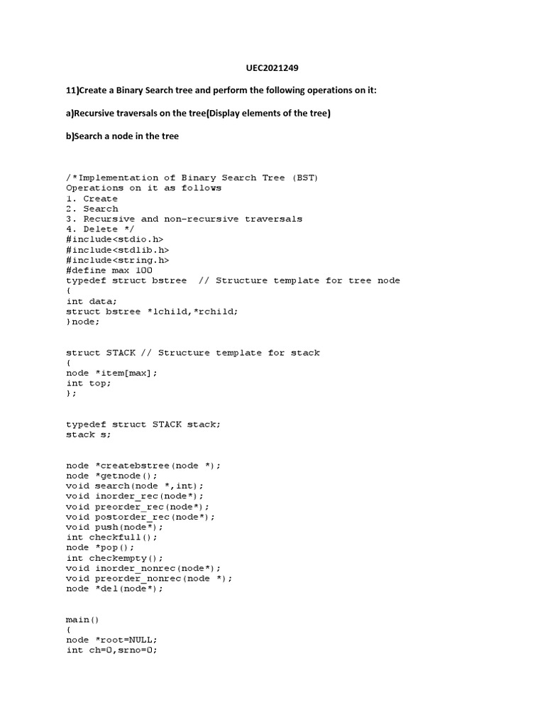 11) Create A Binary Search Tree and Perform The Following Operations On ...