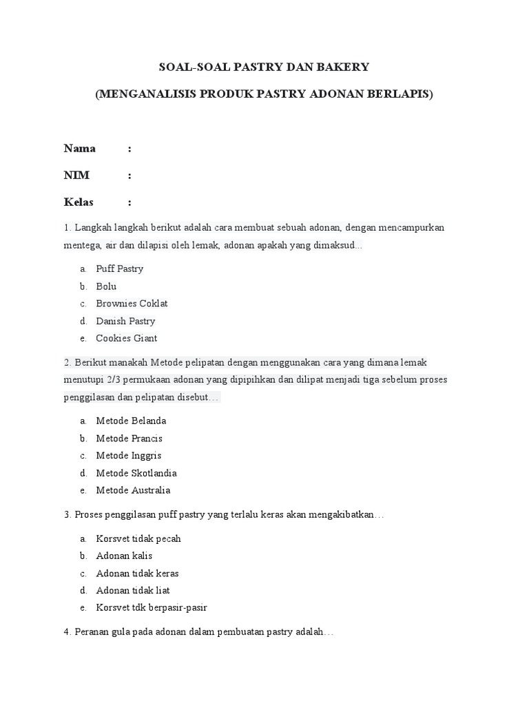 Soal-Soal Pastry Dan Bakery (Menganalisis Produk Pastry Adonan Berlapis ...