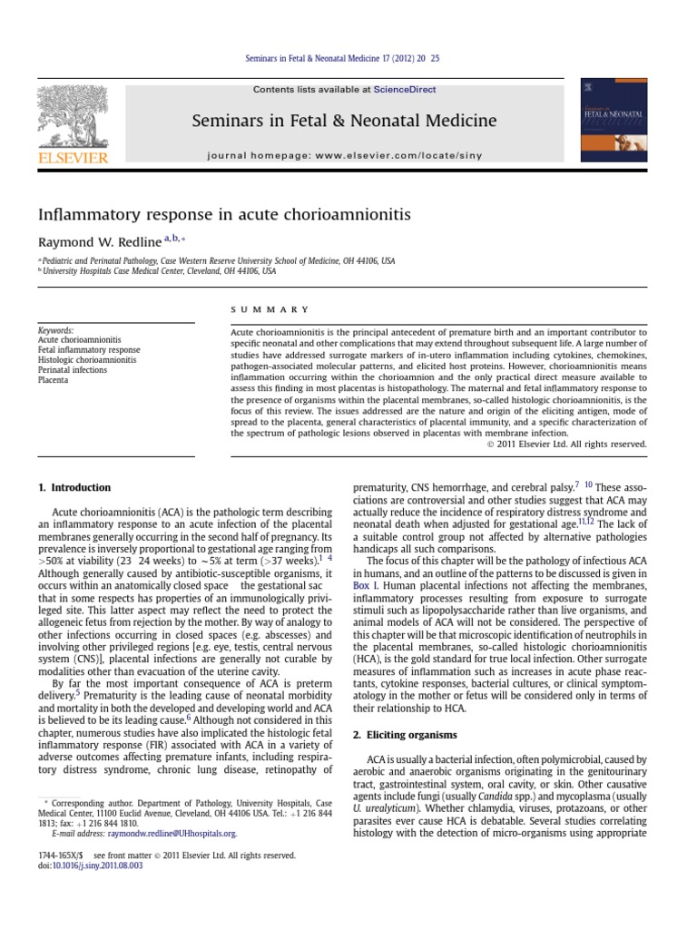 Inflammatory Response in Acute Chorioamnionitis | PDF