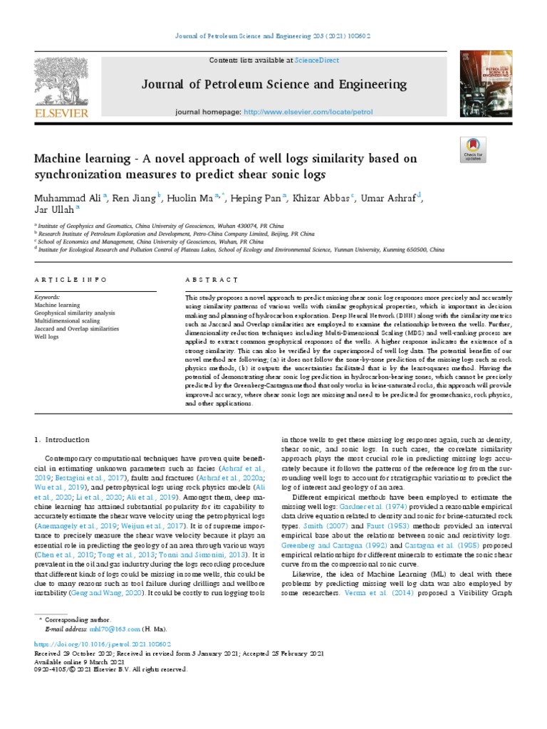 Machine learning - A novel approach of well logs similarity based on synchronization measures to ...