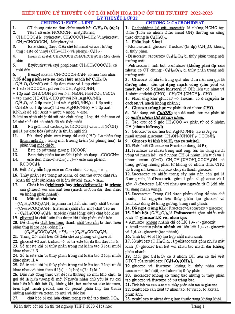 Kien Thuc-Hoa Hoc Cot Loi On TN 2023 | PDF
