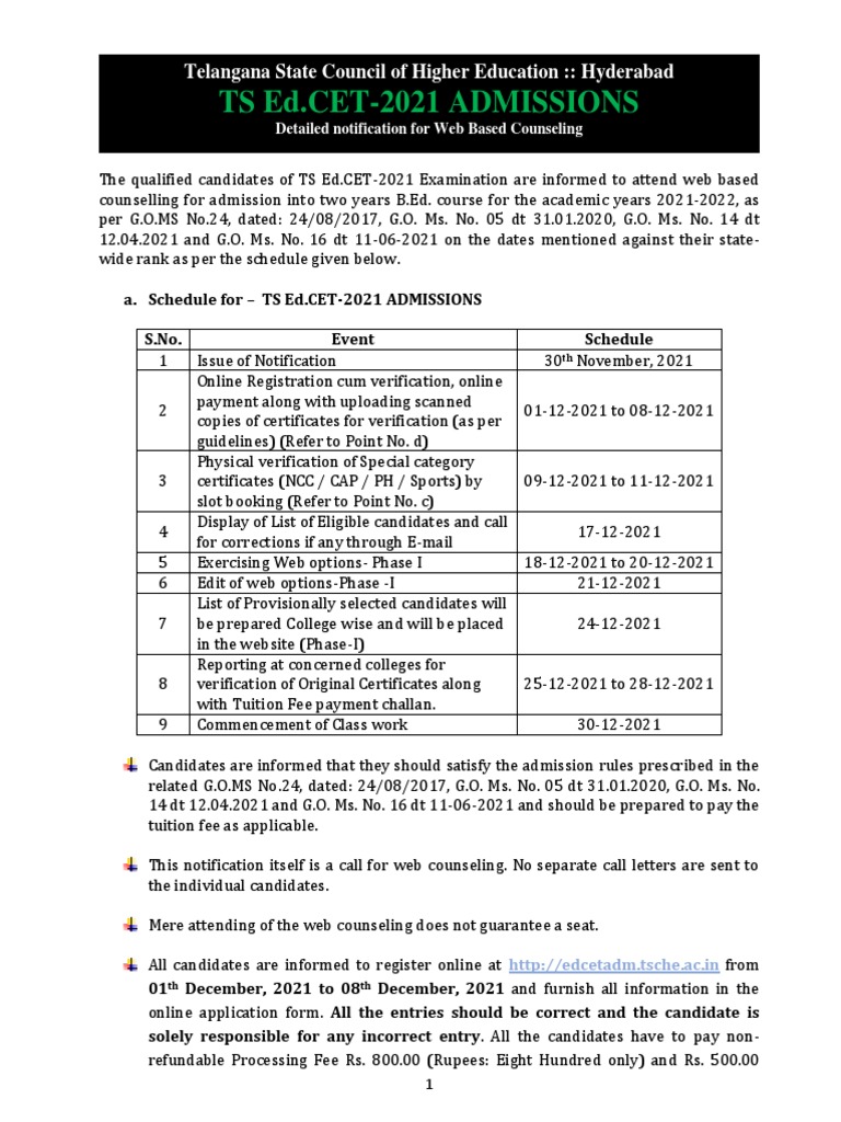 TS EdCET - 2021 - Detailed Notification | PDF