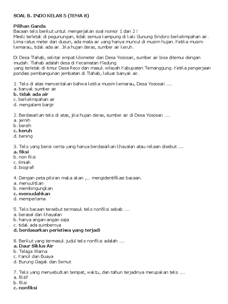 KELAS 5 - SOAL B. INDO MATERI TEKS FIKSI DAN NON FIKSI (Sabtu, 18 Mar 2023) | PDF