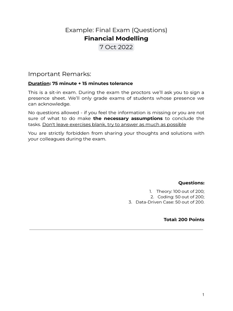 Example Exam Questions Financial Modelling | PDF