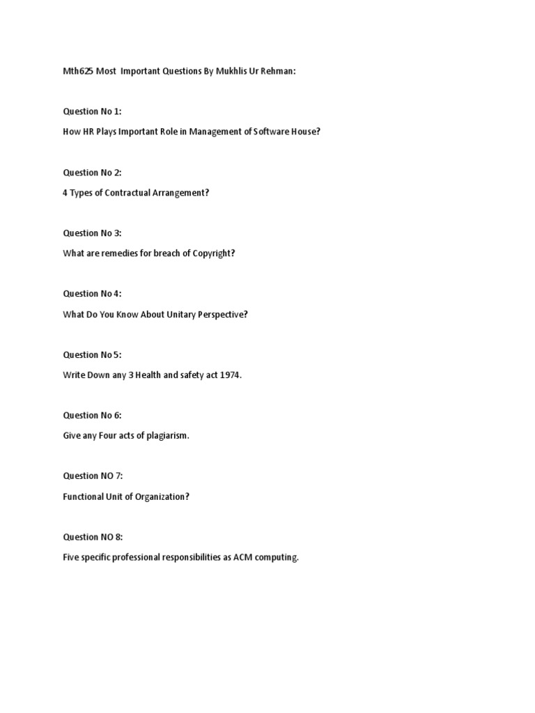 CS625 Important Questions | PDF | Career & Growth