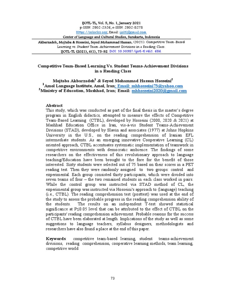 Competitive Team Based Learning vs. Students Teams Achievement Division | PDF | English As A ...