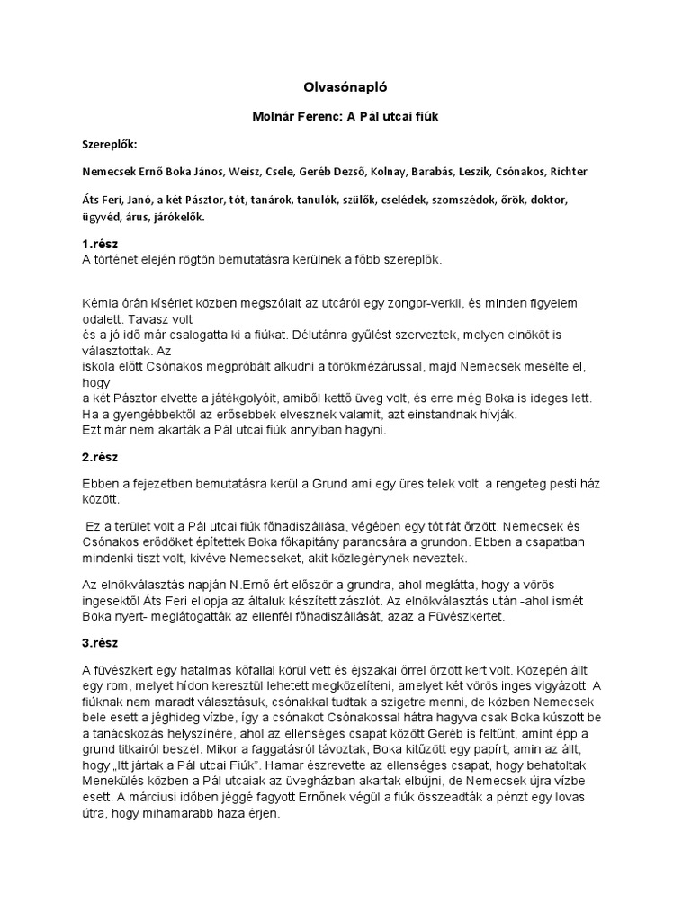 Olvasónapló Pál Utcai Fiúk | PDF