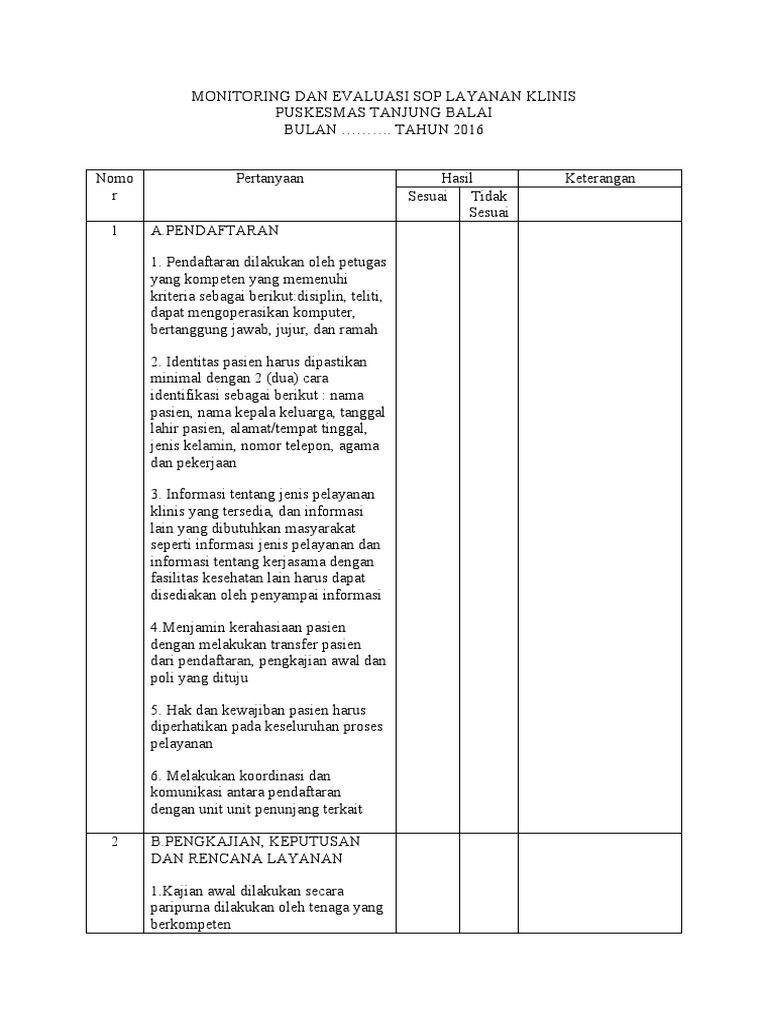 EVALUASI DAN RTL HASIL MONITORING SOP LAYANAN KLINIS | PDF