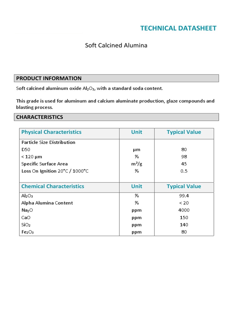 Technical Datasheet: Soft Calcined Alumina | PDF