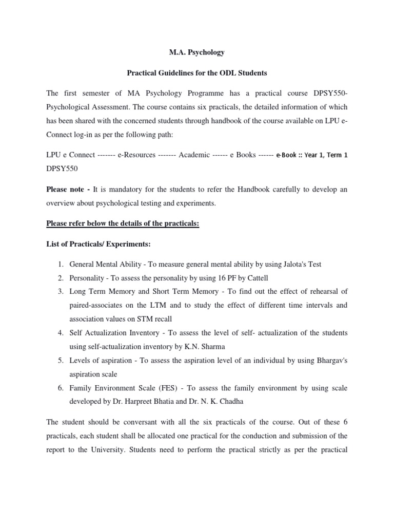 MA Psychology Practical Guidelines | PDF