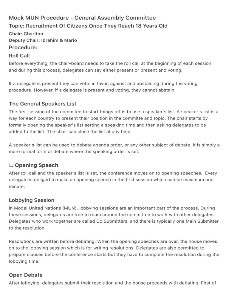 Mock MUN Procedure - General Assembly Committee | PDF | Career & Growth | Politics