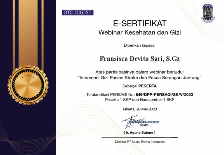 Fransisca Devita Sari, S.GZ - Sertifikat Webinar Kesehatan 20 Mei 2023 ...