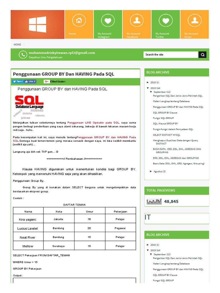 Penggunaan GROUP BY Dan HAVING Pada SQL - IT | PDF