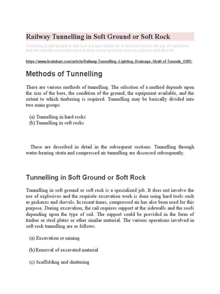 Tunneling Methods in Soft Rock | PDF | Tunnel | Concrete