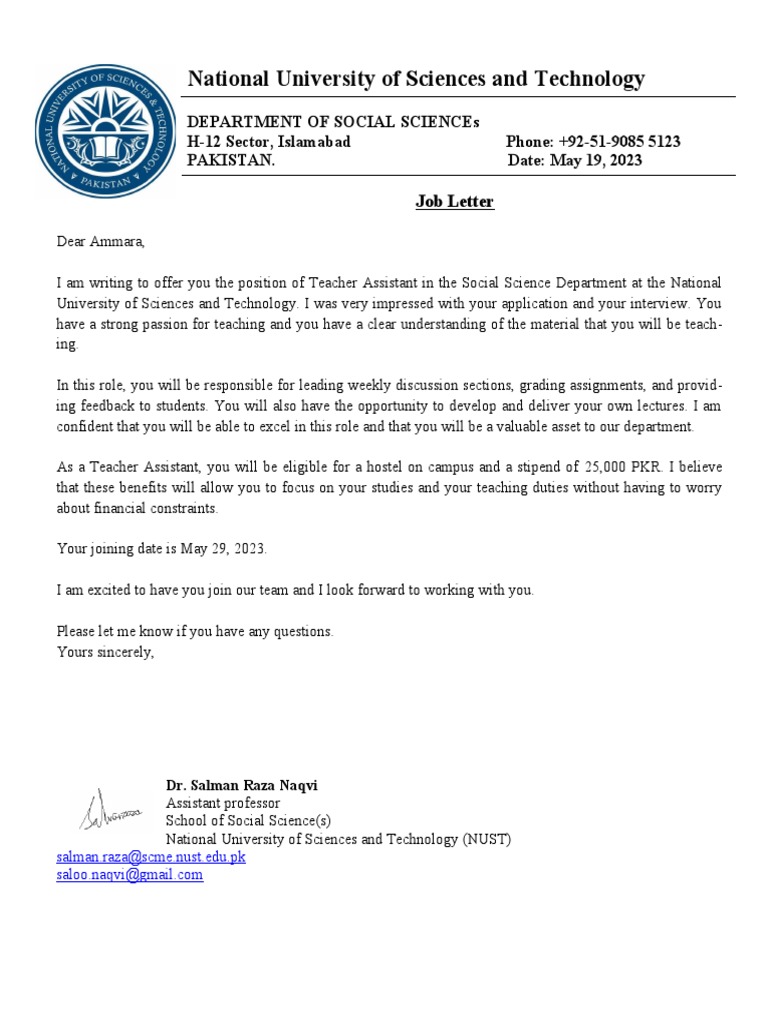 Nust Offer Latter Sample | PDF