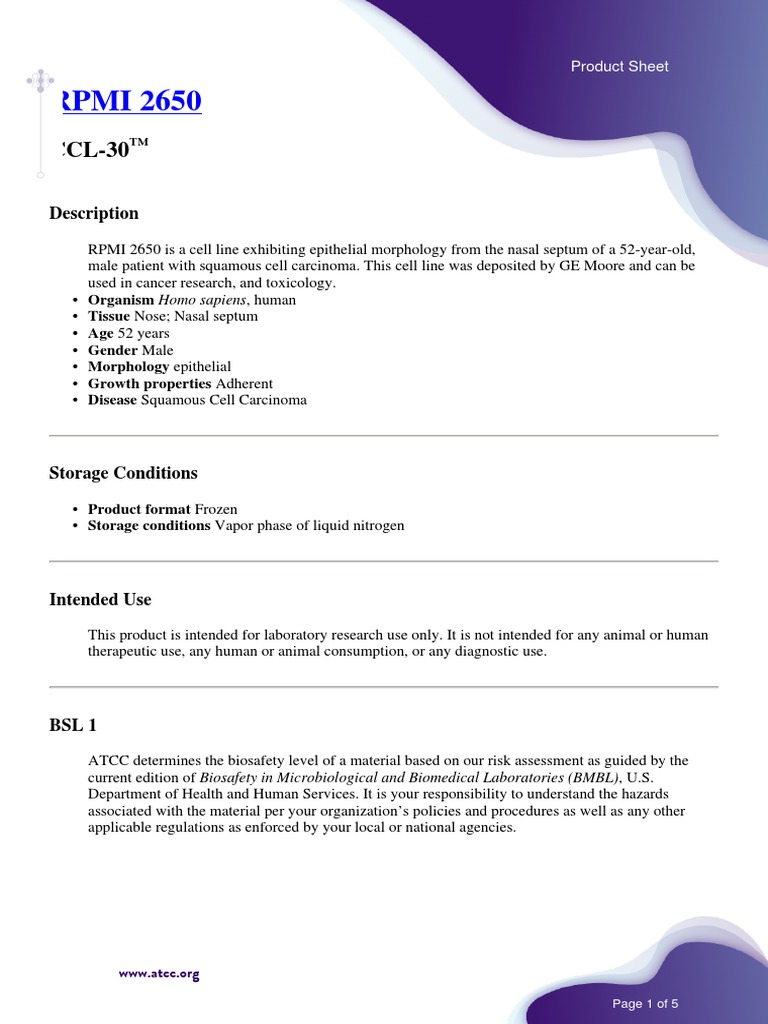 Ccl 30 Product Sheet Rpmi 2650 Pdf Atcc Company