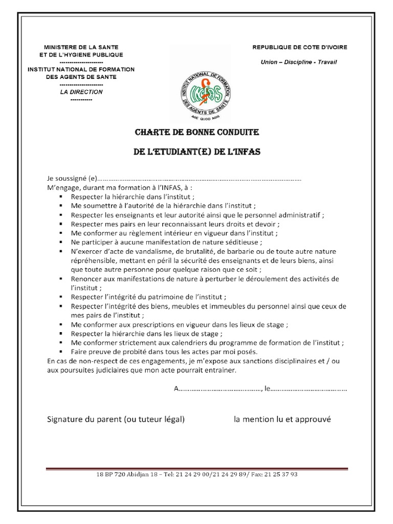 Charte de Bonne Conduite de L'etudiant (E) de L'infas | PDF