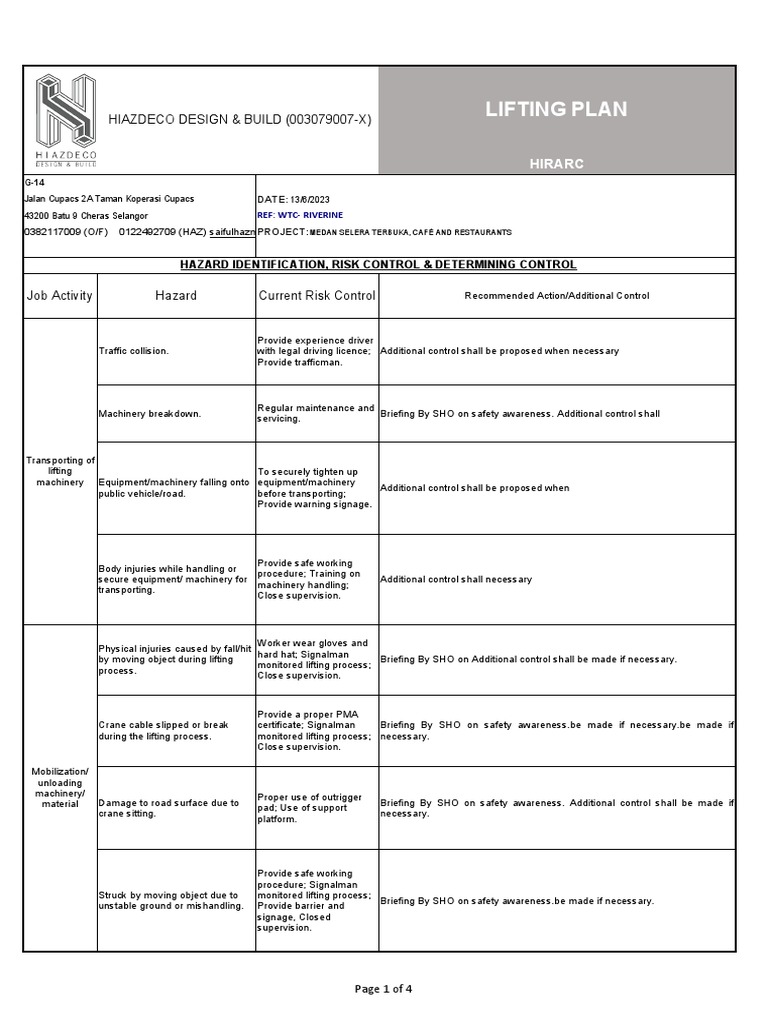 Lifting Plan | Download Free PDF | Crane (Machine) | Safety
