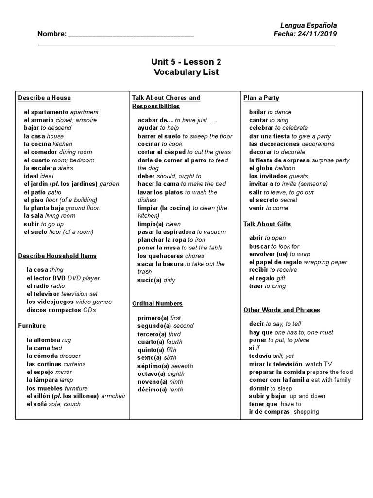 Unit 5 - Lesson 2 Vocabulary List | PDF
