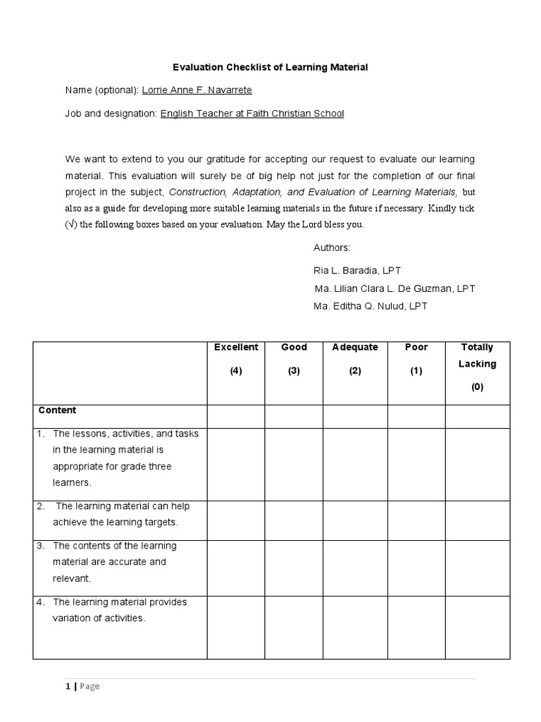 Evaluation Checklist of Learning Material | PDF | Change | Teaching Evaluation Checklist of Learning Material | PDF | Change | Teaching