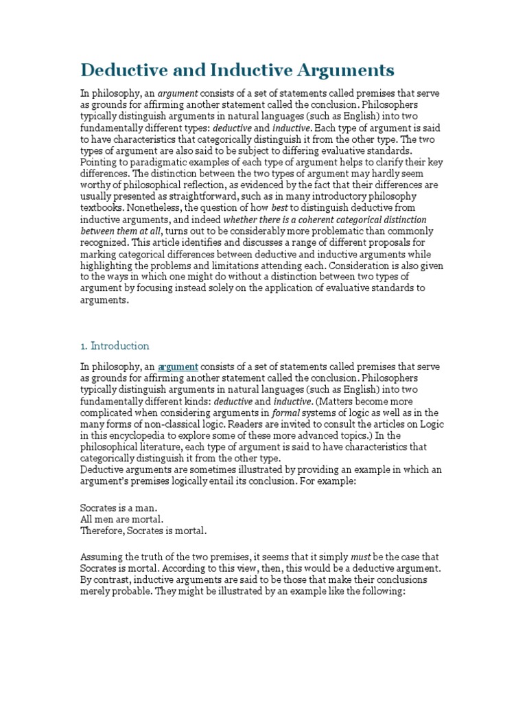 Reading Deductive And Inductive Arguments Pdf Argument Deductive Reasoning