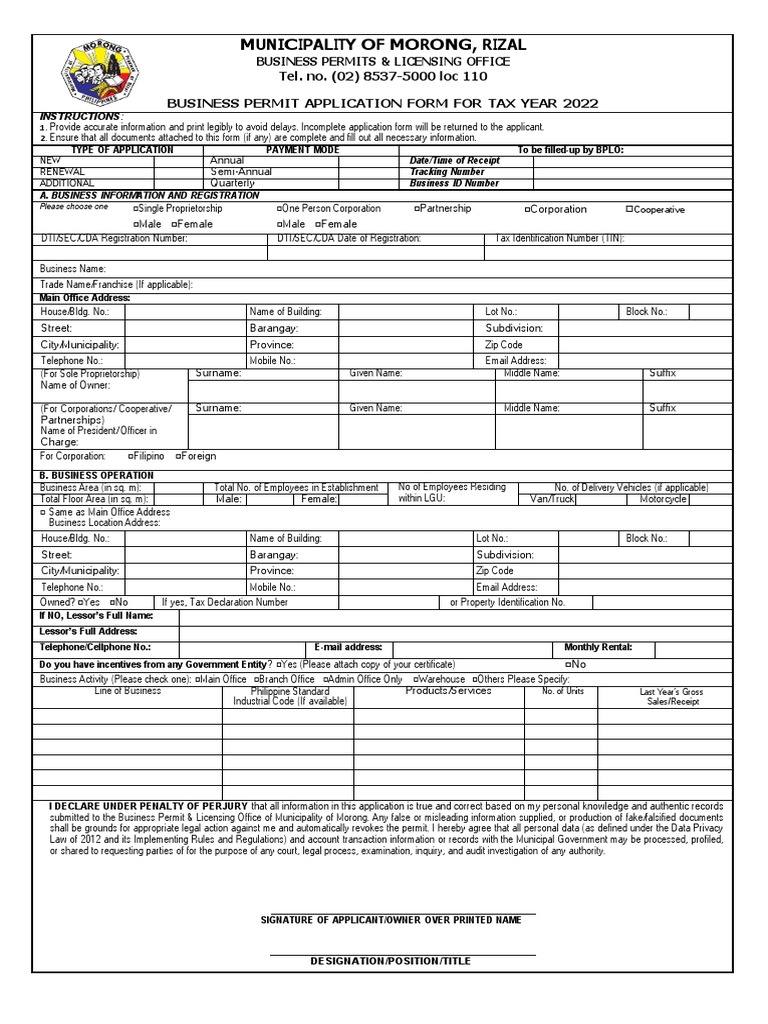 MORONG Business Permit Form ARTA | PDF | Business | Government