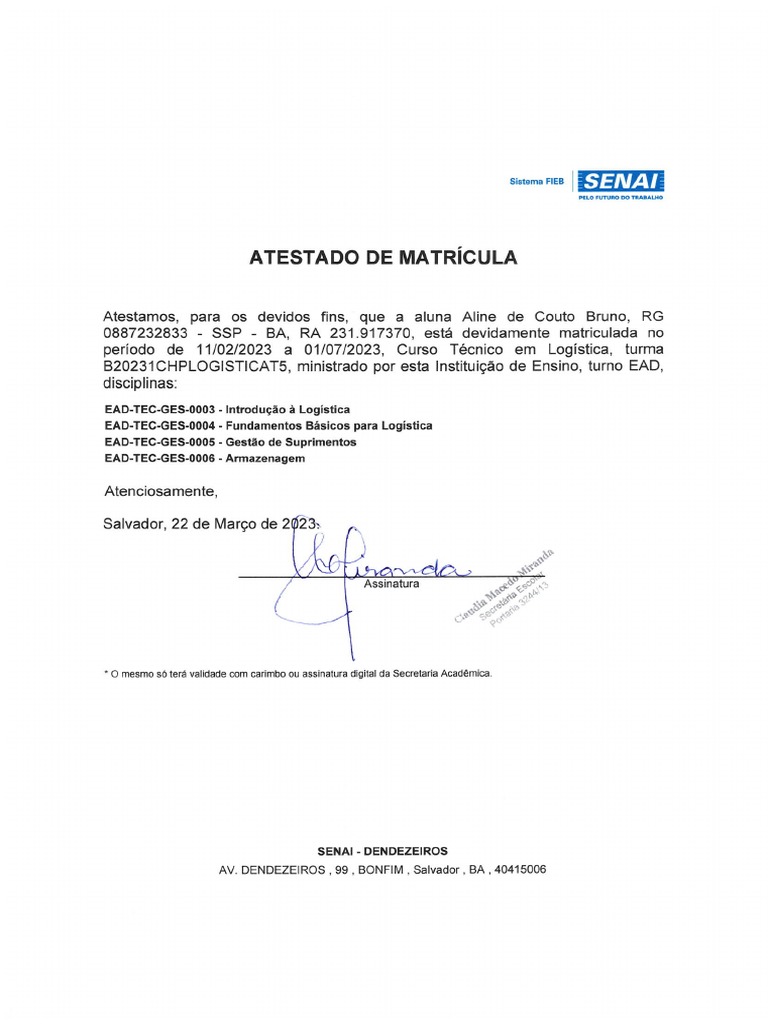 Comprovante de Matrícula SENAI 2023 | PDF