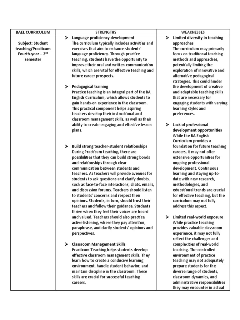 BAEL Curriculum Overview and Insights | PDF | Teachers | Classroom ...