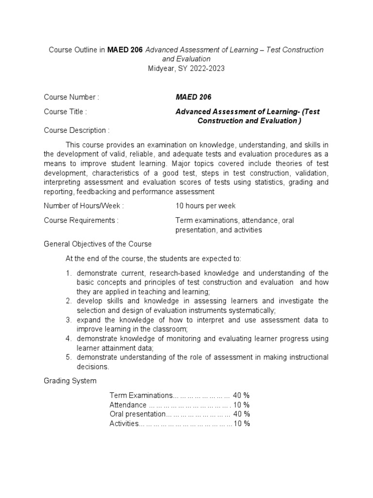 Course Outline in MAED 206 Advanced Assessment of Learning 2022N | PDF | Educational Assessment ...