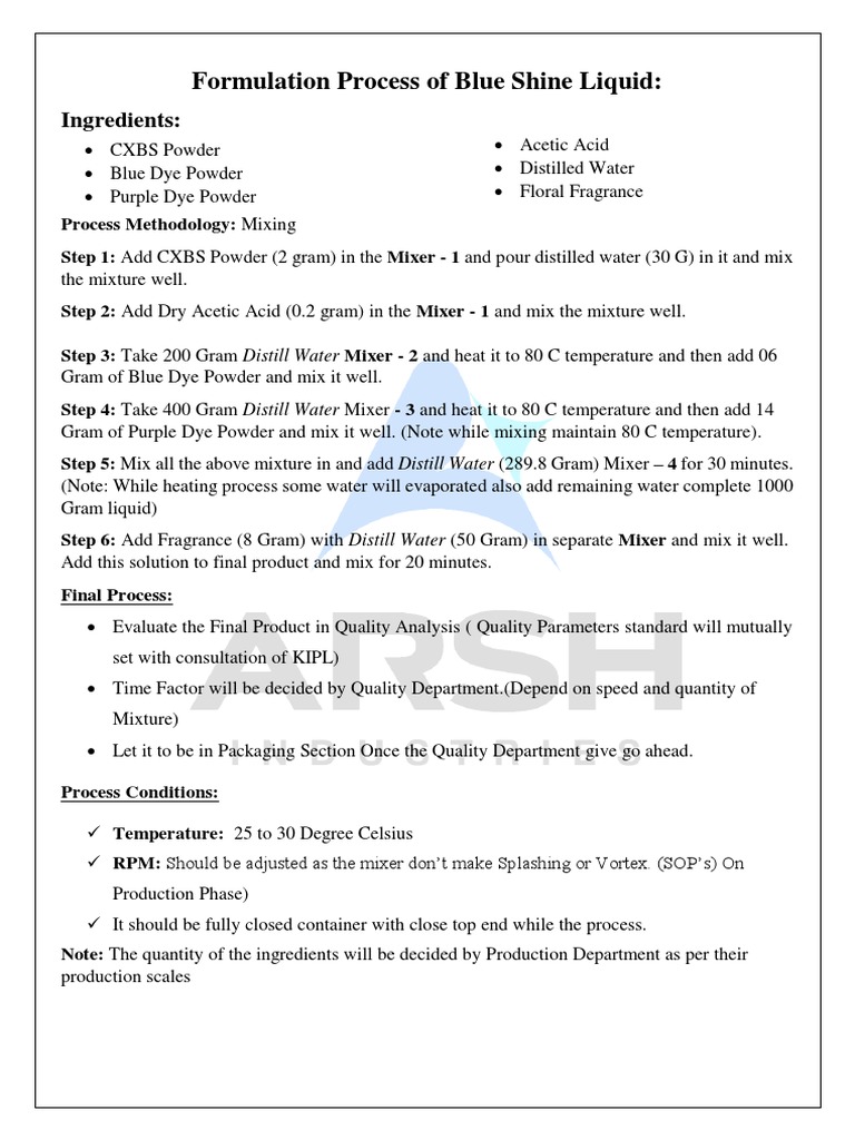 Formulation Process of Blue Shine Liquid (Floral) | PDF