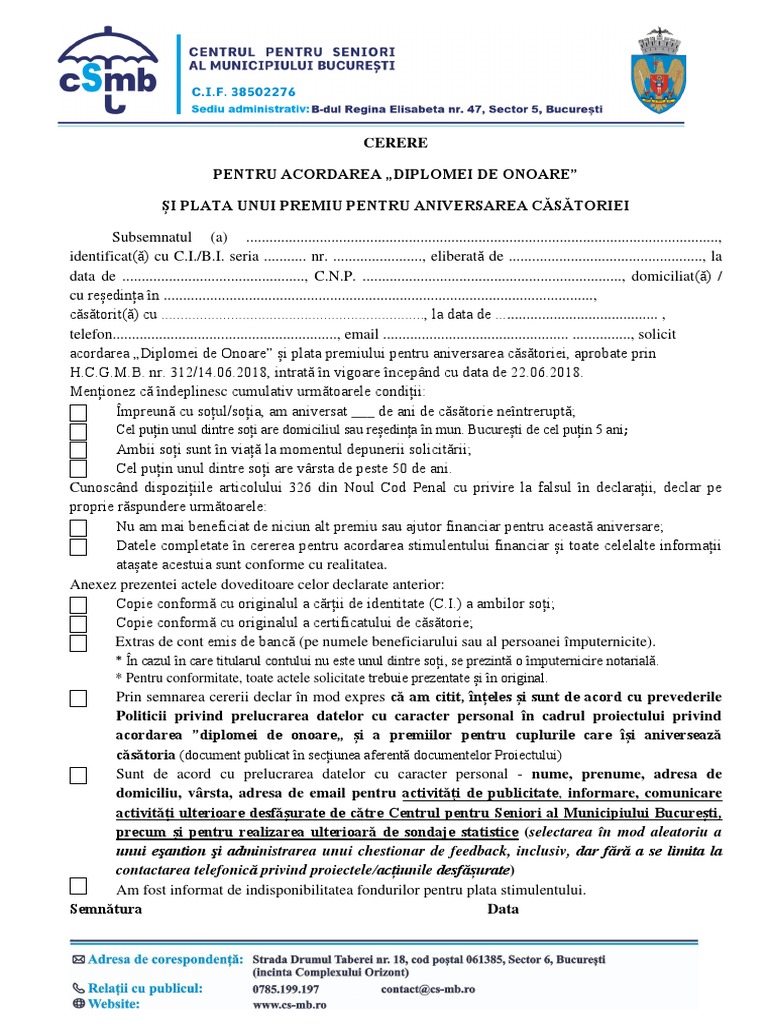 Cerere tip pentru acordarea premiului si Diplomei de Onoare | PDF