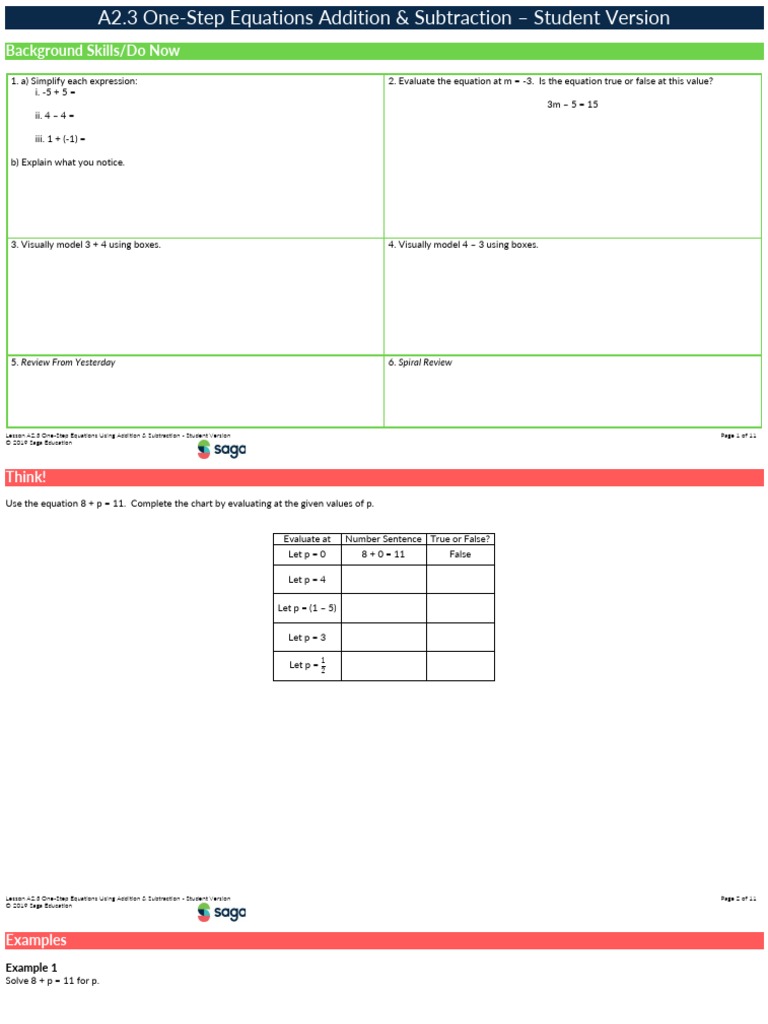 A2.3 One-Step Equations Using Addition and Subtraction - Student ...
