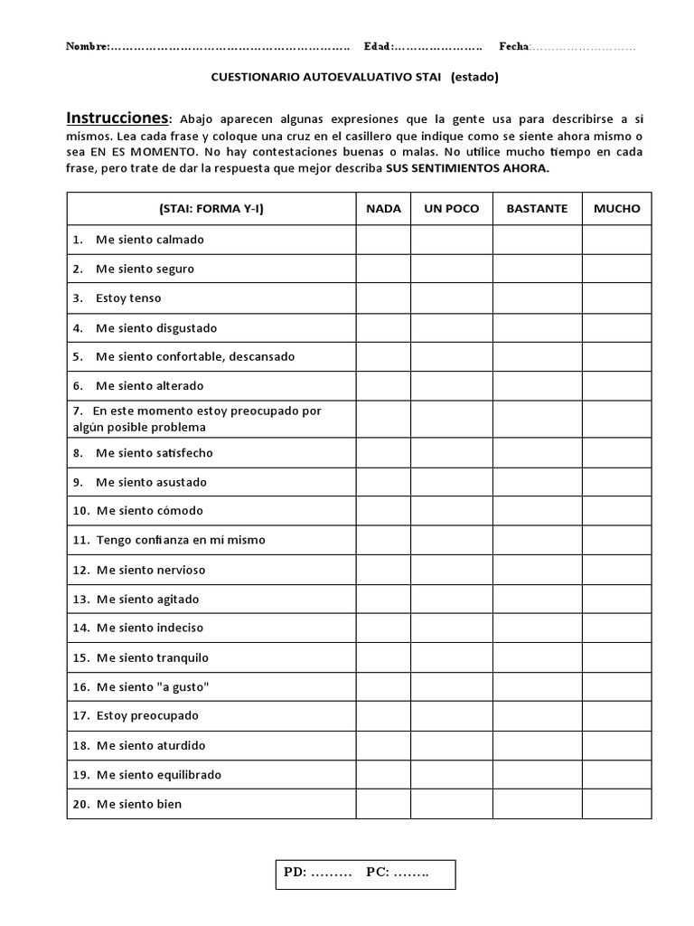 2-CUESTIONARIO PARA IMPRIMIR STAI | PDF