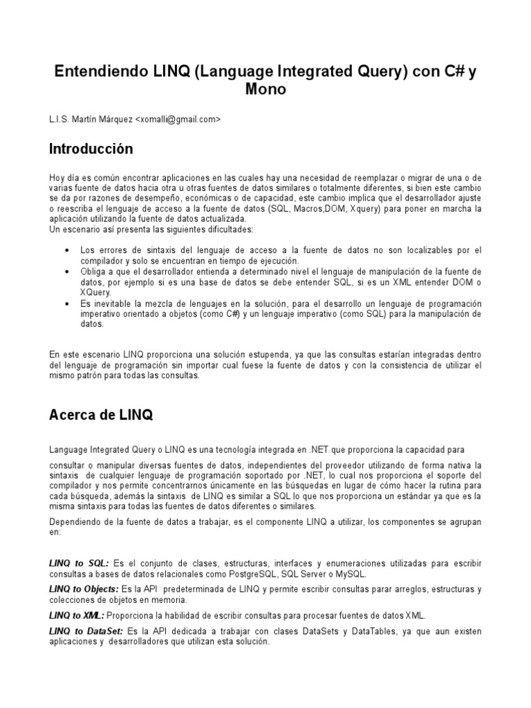 Entendiendo LINQ (Language Integrated Query) Con C# y Mono | PDF