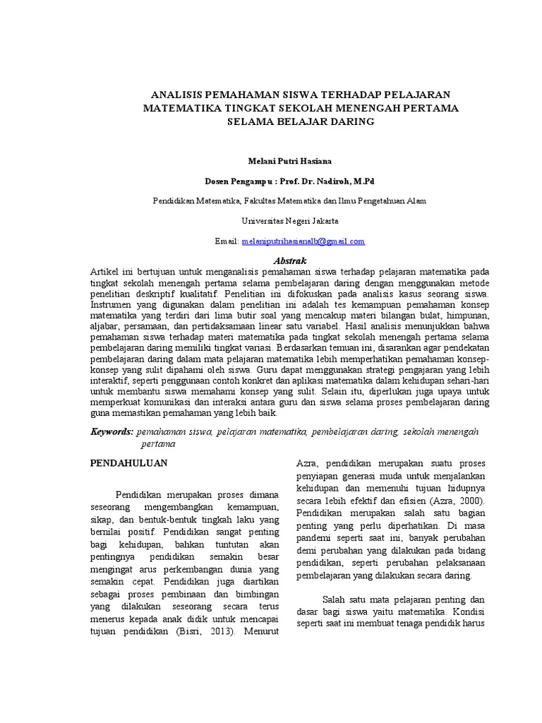 Analisis Pemahaman Siswa Terhadap Pelajaran Matematika Tingkat Sekolah Menengah Pertama Selama ...