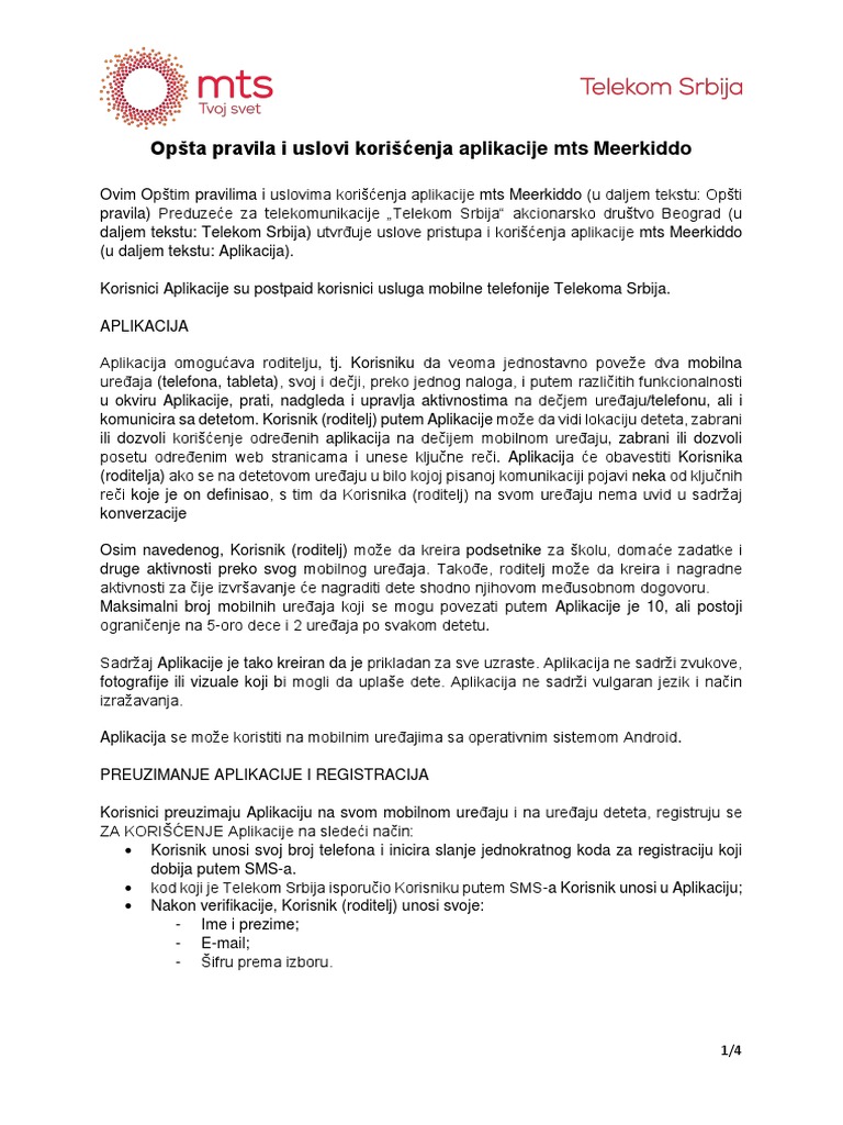 Opsta Pravila I Uslovi Koriscenja Usluge Mts Meerkiddo | PDF