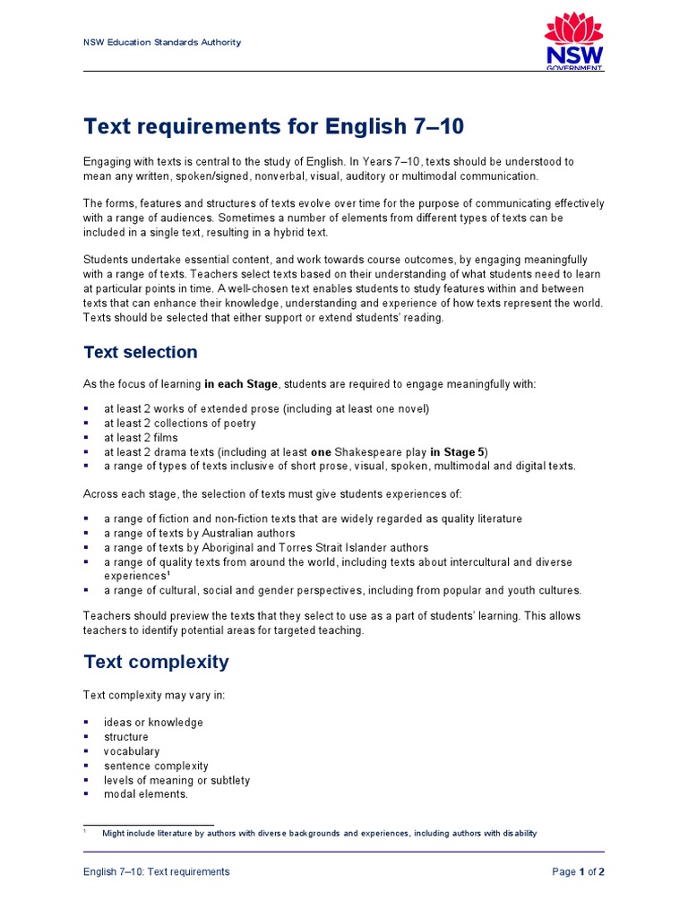 Text Requirements For English 7 10 | PDF