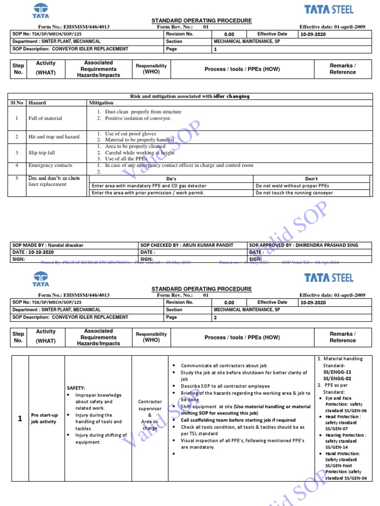 Conveyor Idler Replacement SOP | PDF