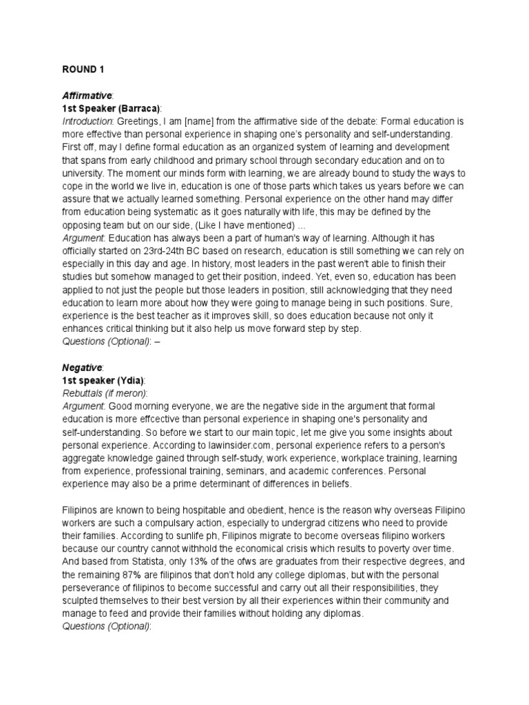 Debate Script (UTS) | PDF | Experience | Knowledge