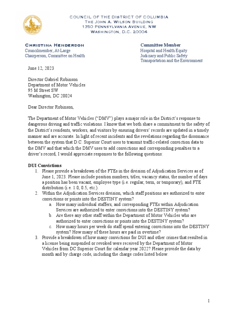 Letter DMV Traffic Data | PDF | Driving Under The Influence ...