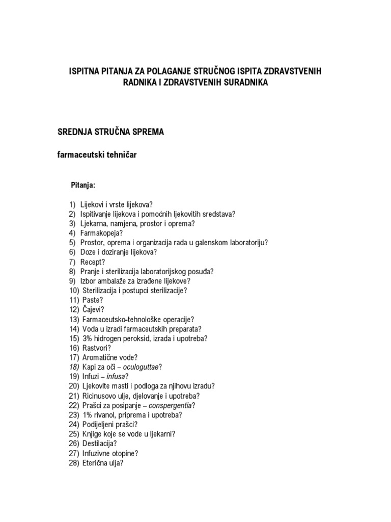 Pitanja-Farmaceutski Tehnicar | PDF