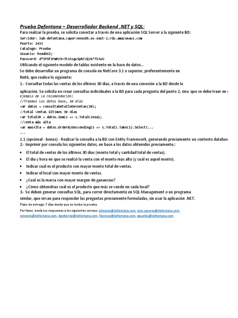 Prueba Defontana - Desarrollador Backend .NET y SQL | PDF